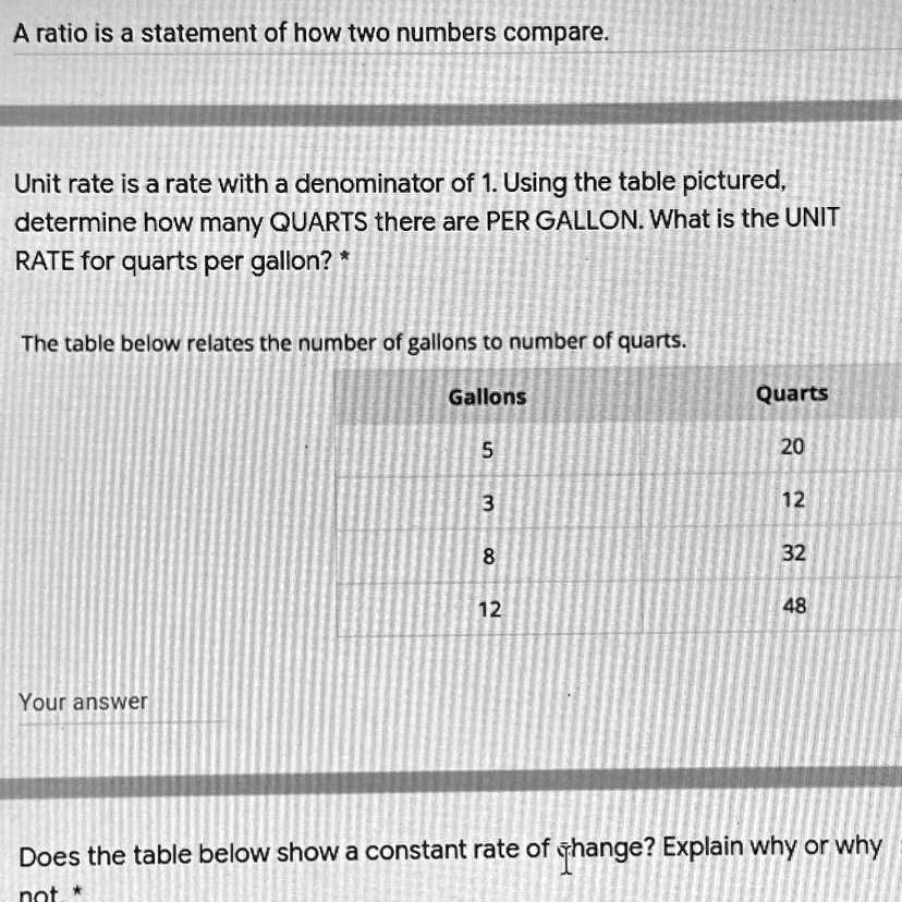 SOLVED: Can someone help? :( A ratio is a statement of how two numbers compare. Unit rate is a ...