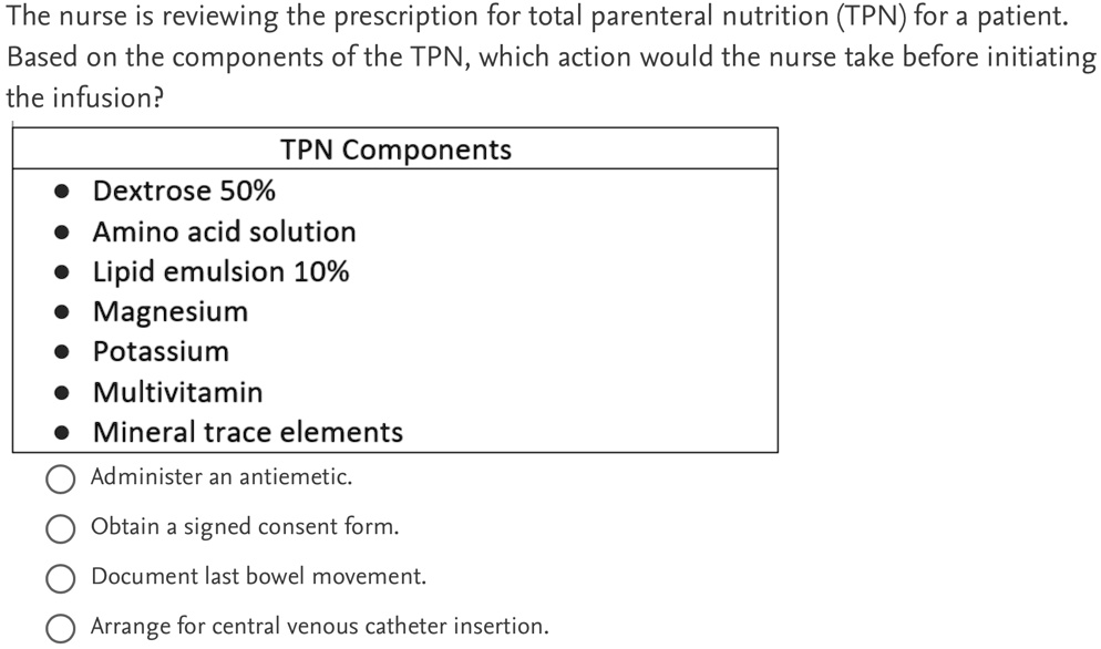the nurse is reviewing the prescription for total parenteral nutrition ...