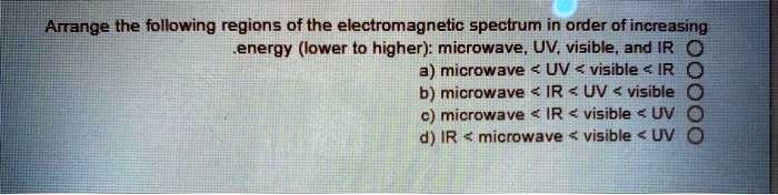 SOLVED: Arrange the following regions of the electromagnetic spectrum in order of increasing ...