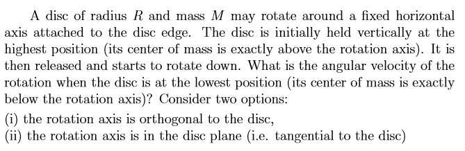 A disc of radius R and mass M may rotate around a fixed horizontal axis ...