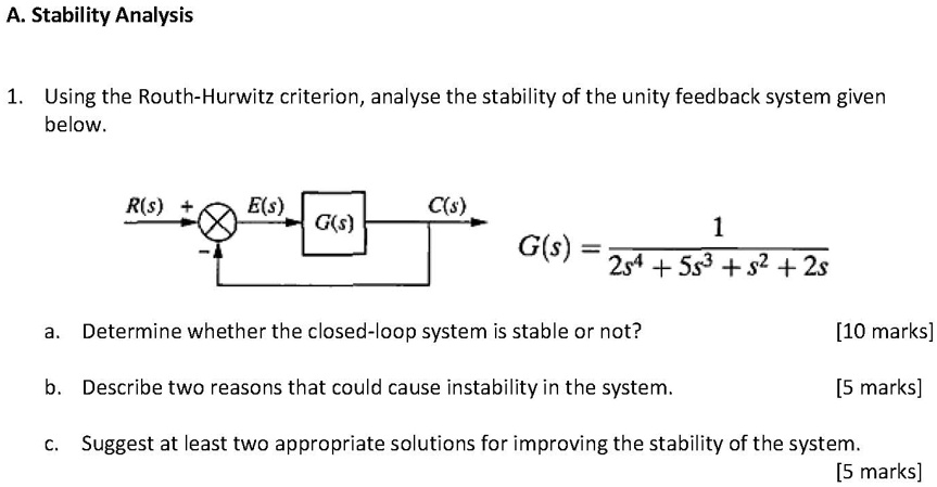 SOLVED: A. Stability Analysis 1. Using the Routh-Hurwitz criterion, analyze the stability of the ...