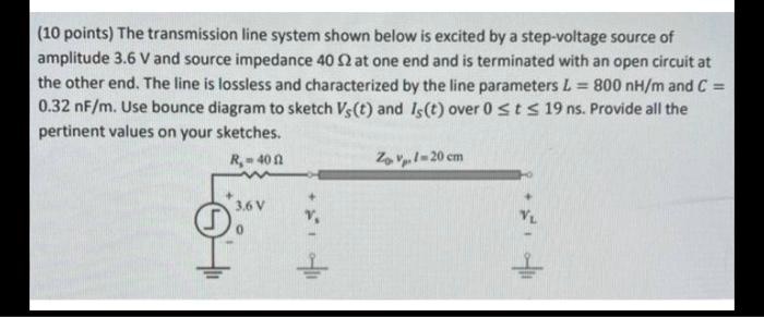 The transmission line system shown below is excited by a step-voltage source of amplitude 3.6V ...