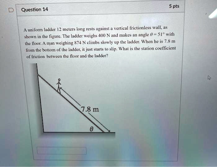 SOLVED: A uniform ladder 2 meters long rests against a vertical frictionless wall, as shown in ...