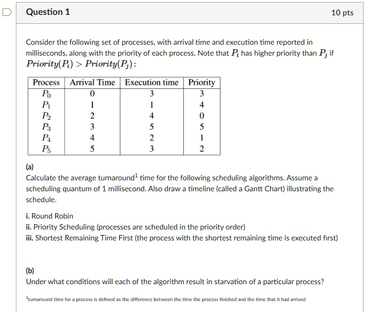 SOLVED: Consider the following set of processes, with arrival time and execution time reported ...