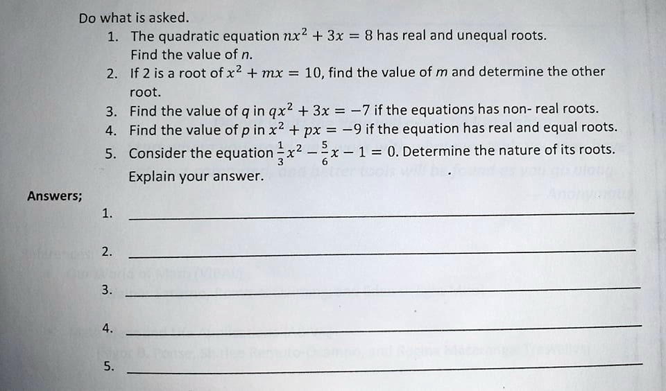 SOLVED: Do what is asked: The quadratic equation nx^2 + 3x + 8 has real ...