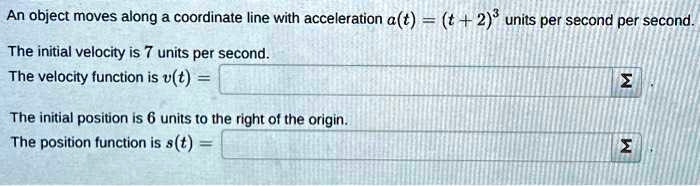SOLVED: An object moves along a coordinate line with acceleration a(t)=(t+2)^3 units per second ...