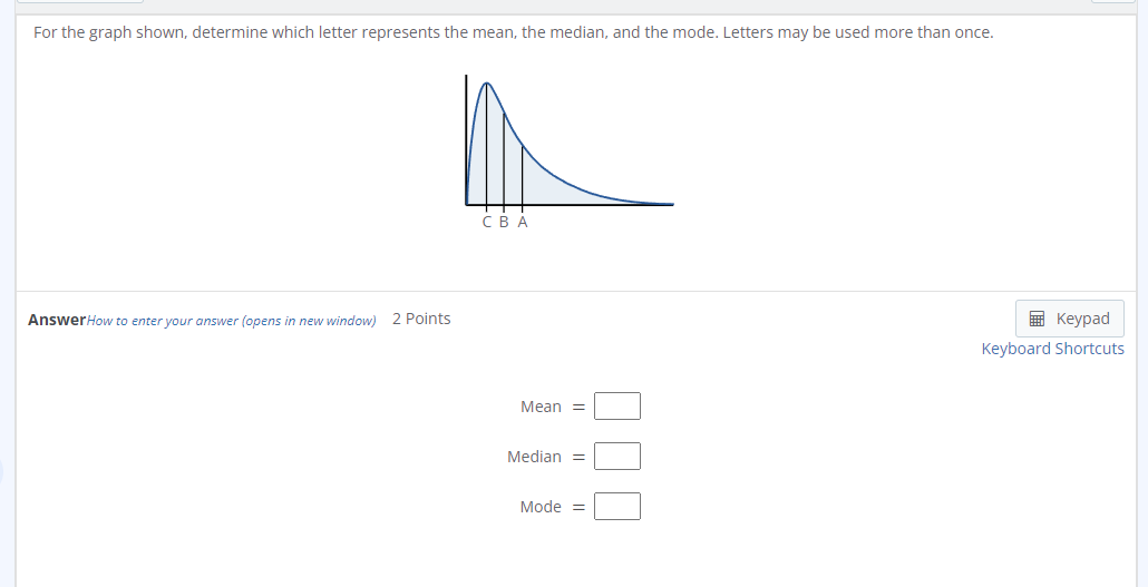 For the graph shown, determine which letter represents the mean, the ...