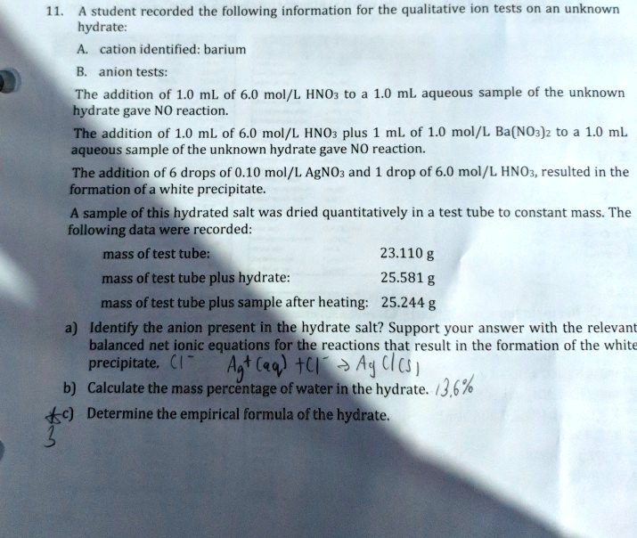 SOLVED: The student recorded the following information for the ...