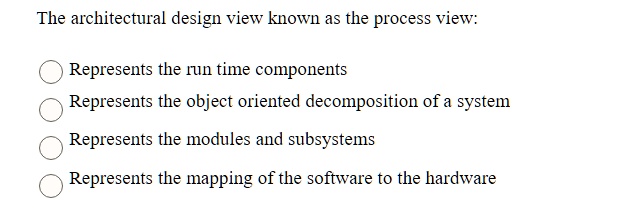 SOLVED: The architectural design view known as the process view: Represents the run time ...