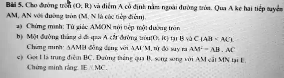 SOLVED: BÃ i 1. Cho Ä‘Æ°á» ng trÃ²n (O, R) vÃ Ä‘iá»ƒm A cá»‘ Ä‘á»‹nh ...