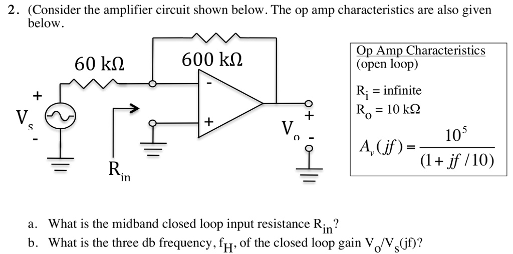 SOLVED: Consider the amplifier circuit shown below. The op amp characteristics are also given ...