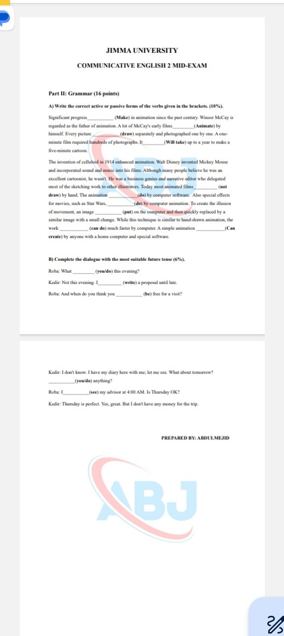 JIMMA UNIVERSITY COMMUNICATIVE ENGLISH 2 MID-EXAM Part II: Grammar (16 ...