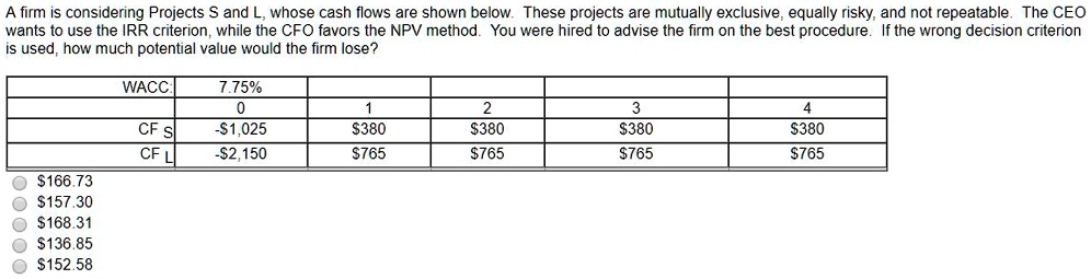 SOLVED: A firm is considering Projects S and L,whose cash flows are ...