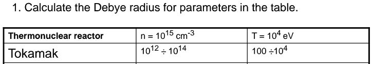 SOLVED: Calculate the Debye radius for parameters in the table ...
