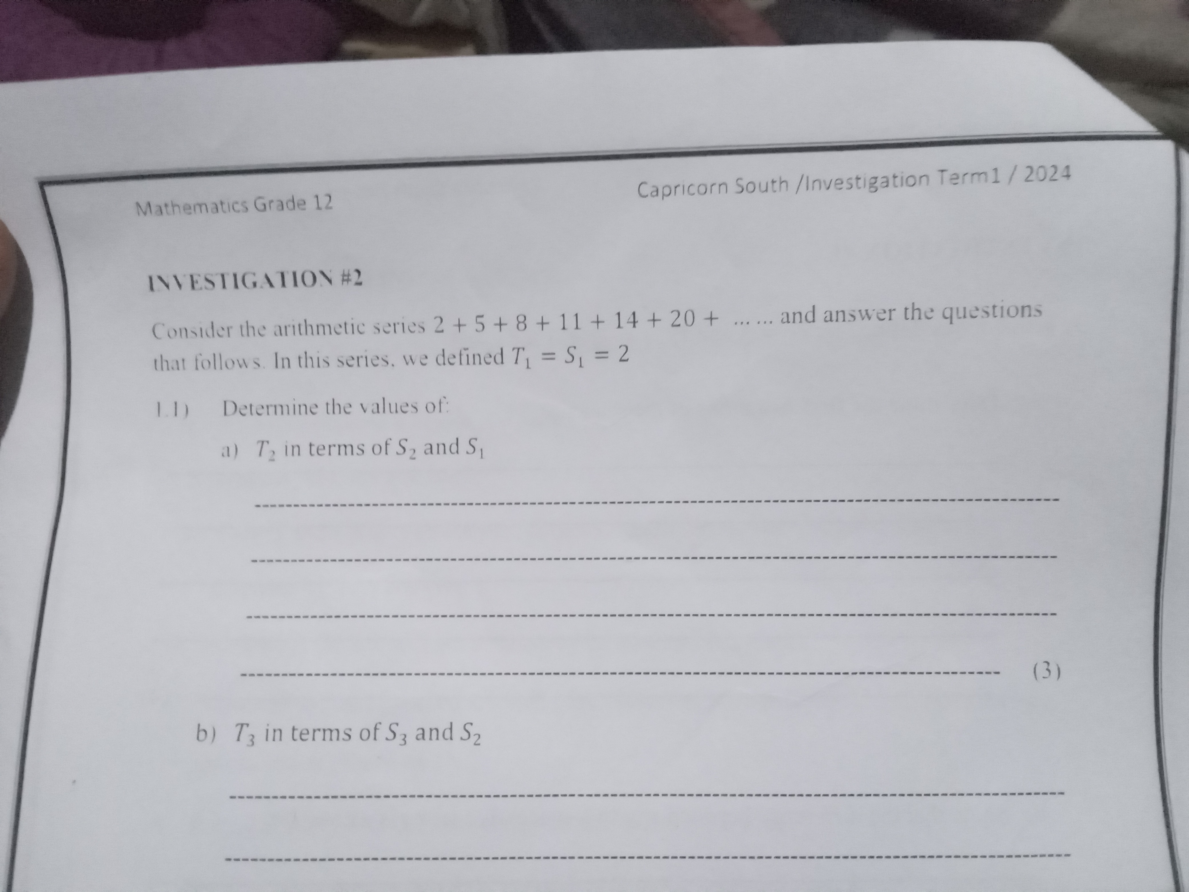 SOLVED: Mathematics Grade 12 Capricorn South / Investigation Term1 ...