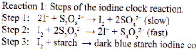 SOLVED: Reaction 1: Steps of the iodine clock reaction; Step 1: 2I ...