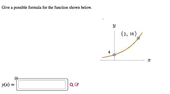 SOLVED: Give possible formula for the function shown below: (2, 16) y(x) SOLVED: Give possible formula for the function shown below: (2, 16) y(x)
