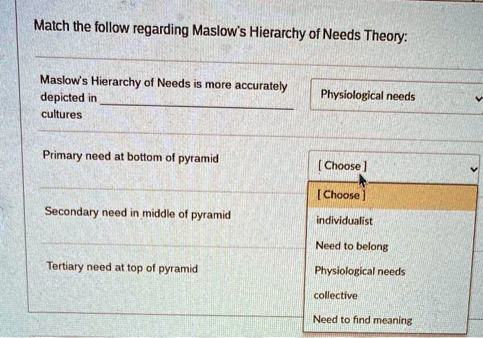 SOLVED: Match the following regarding Maslow's Hierarchy of Needs ...