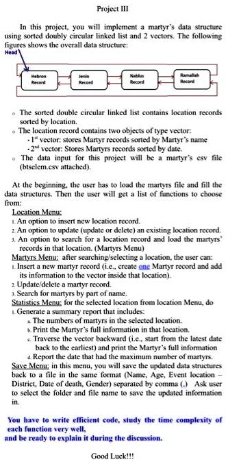 Project III In this project, you will implement a martyr's data structure using sorted doubly ...