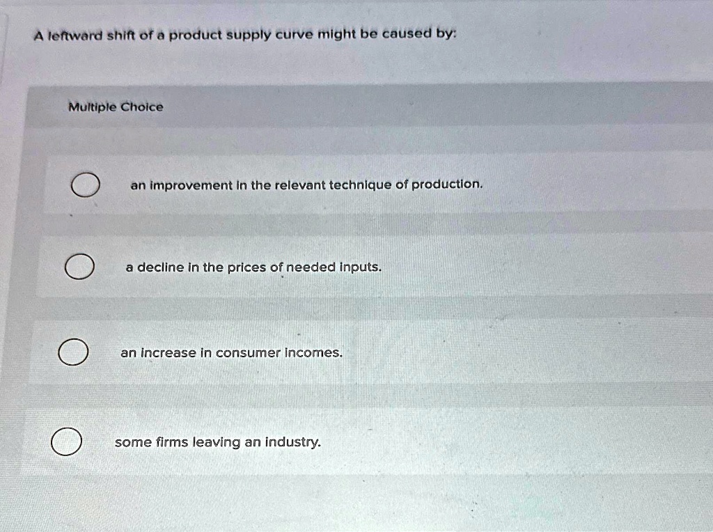 SOLVED: A leftward shift of a product supply curve might be caused by: Multiple Choice an ...