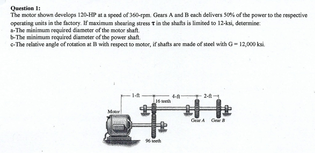 SOLVED: Question 1: The motor shown develops 120 HP at a speed of 360 ...