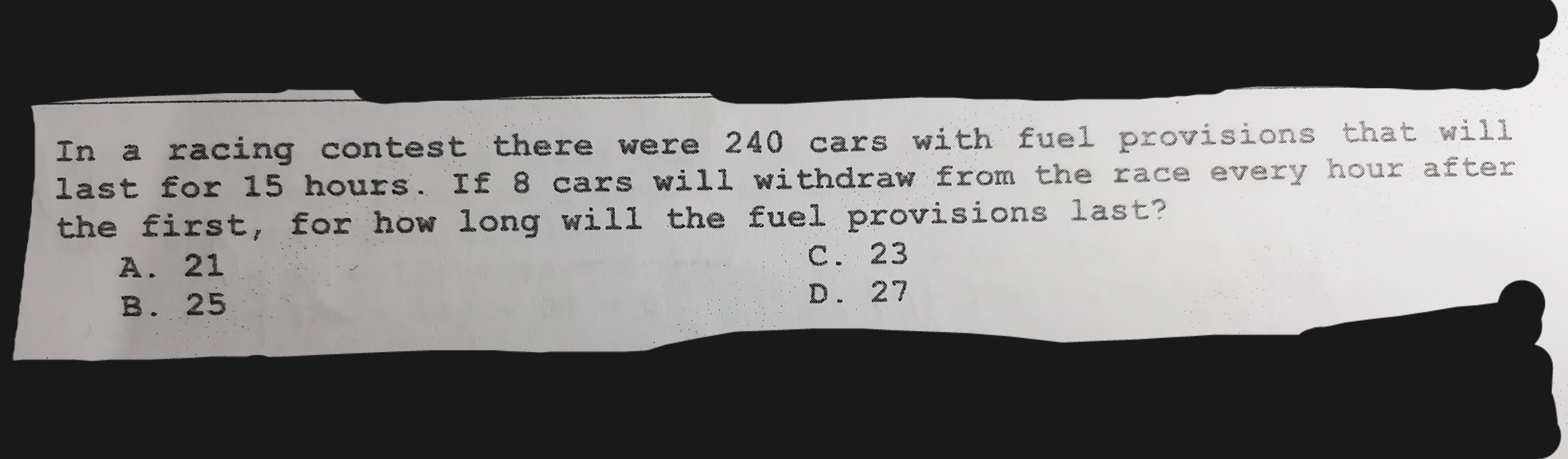 In a racing contest there were 240 cars with fuel provisions that will ...