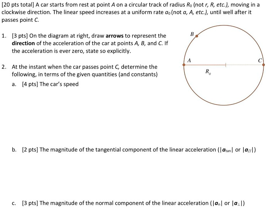 SOLVED: [20 pts total] A car starts from rest at point A on a circular track of radius Ro (not r ...