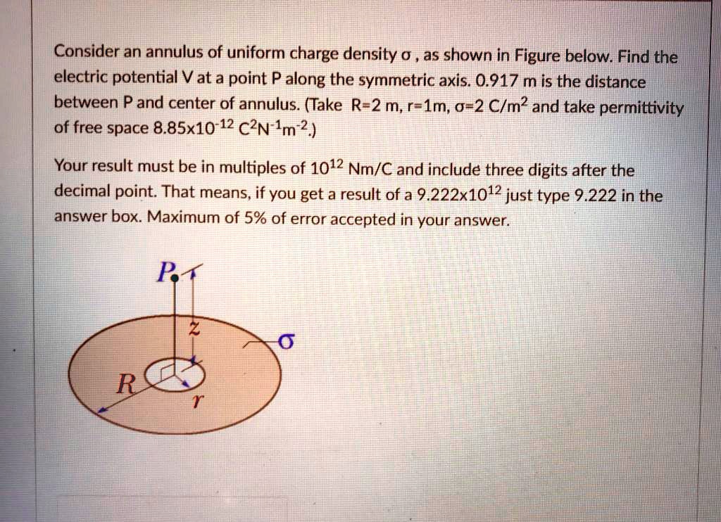 SOLVED: Consider an annulus of uniform charge density 0 as shown in the ...