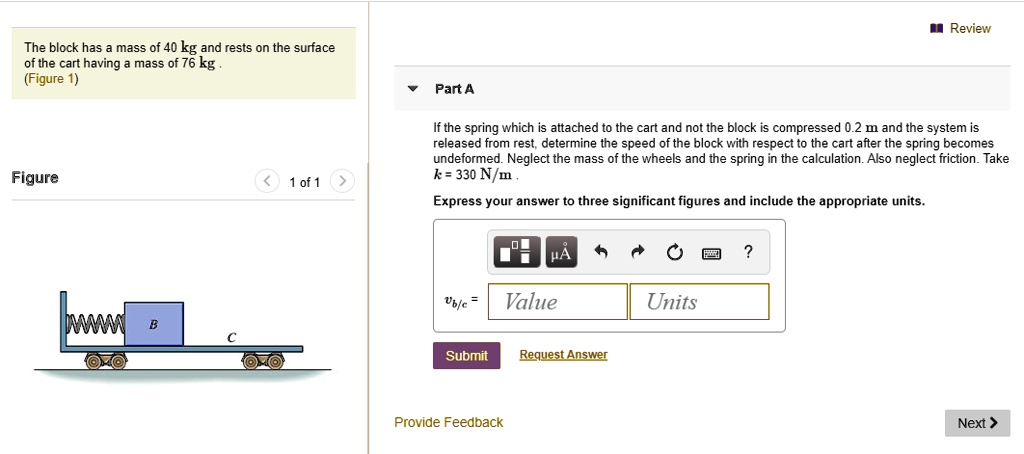 SOLVED: The block has a mass of 40 kg and rests on the surface of the cart, which has a mass of ...