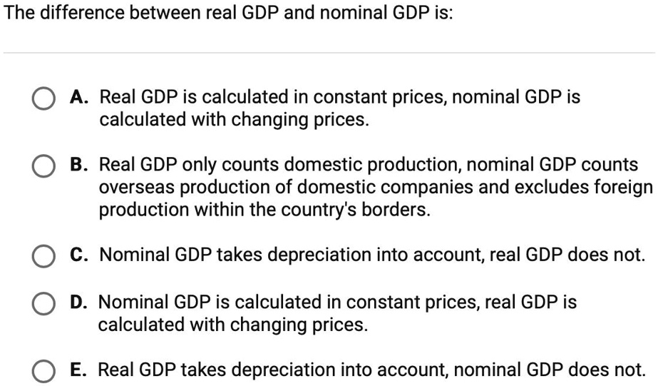 SOLVED: The difference between real GDP and nominal GDP is: A. Real GDP ...