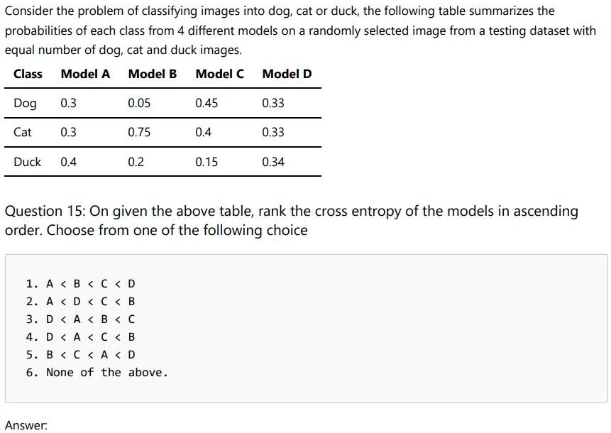 Consider the problem of classifying images into dog, cat, or duck. The following table ...