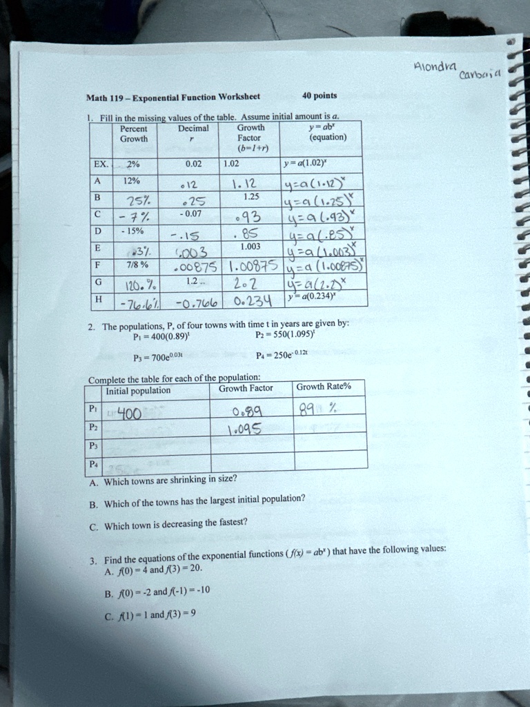 SOLVED: Math 119 - Exponential Function Worksheet 40 points Fill in the missing values of the ...
