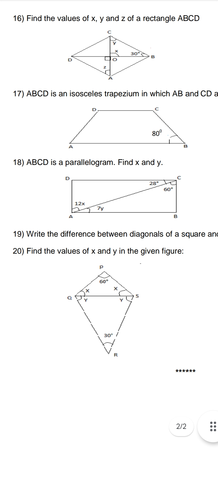 16) Find the values of x, y and z of a rectangle A B C D 17) A B C D is an isosceles trapezium ...