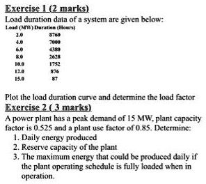 Exercise 1 (2 marks) Load duration data of a system are given below ...