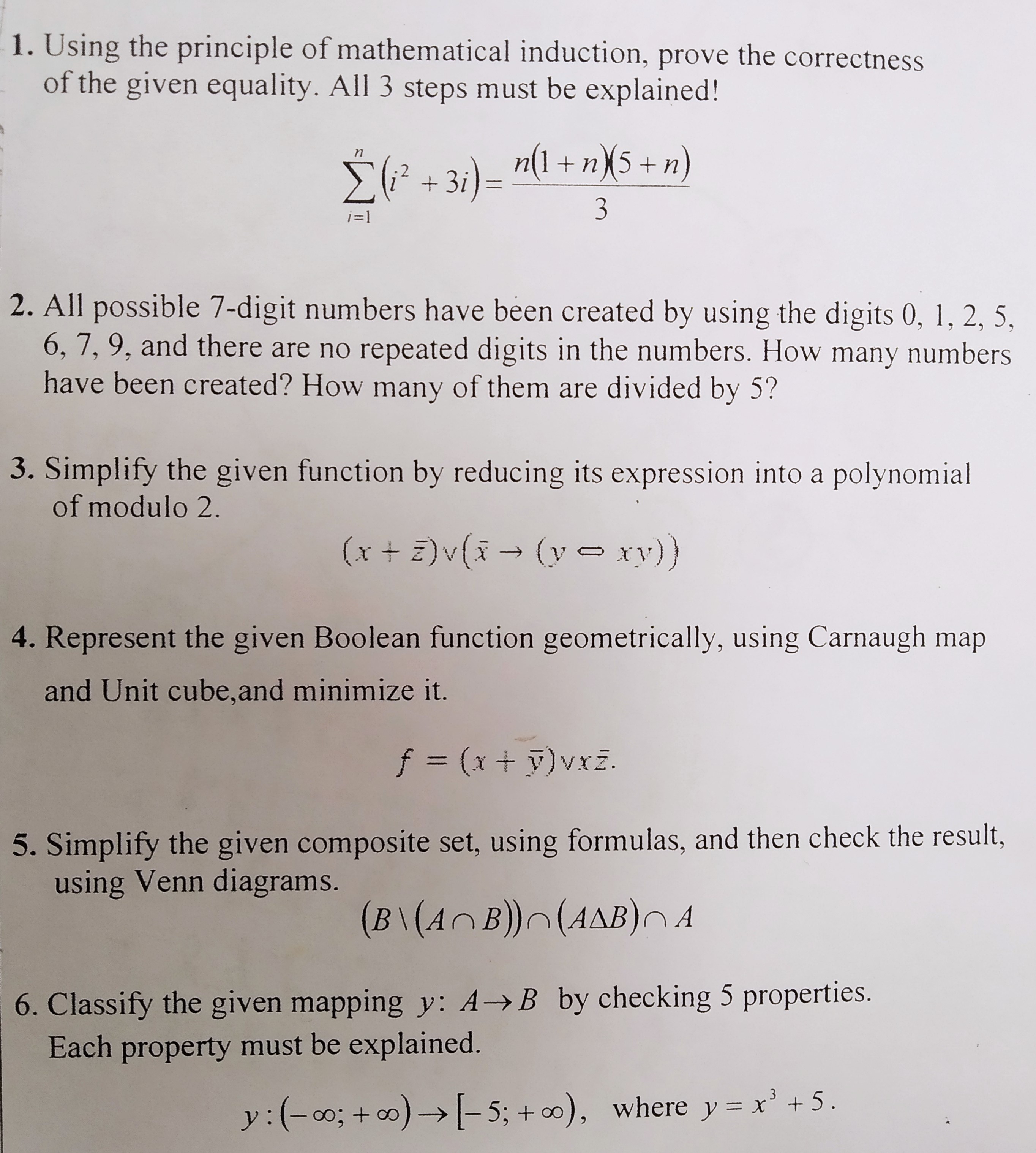1. Using the principle of mathematical induction, prove the correctness of the given equality ...