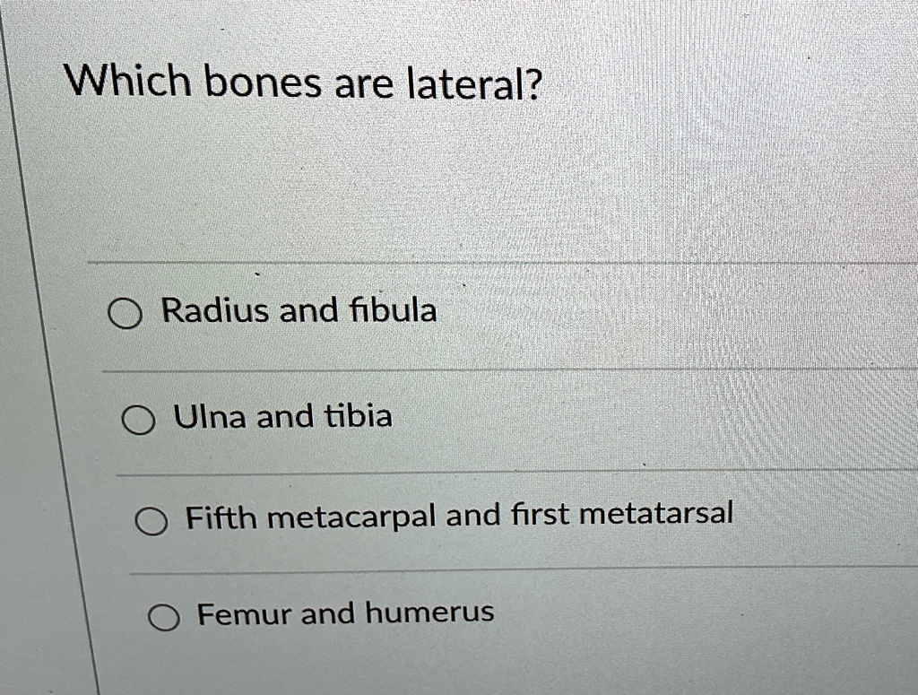 Which bones are lateral? Radius and fibula Ulna and tibia Fifth ...