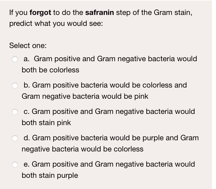 If you forgot to do the safranin step of the Gram stain, predict what ...