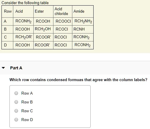 SOLVED: Consider the following table: Acid Row Acid Ester Amide ...