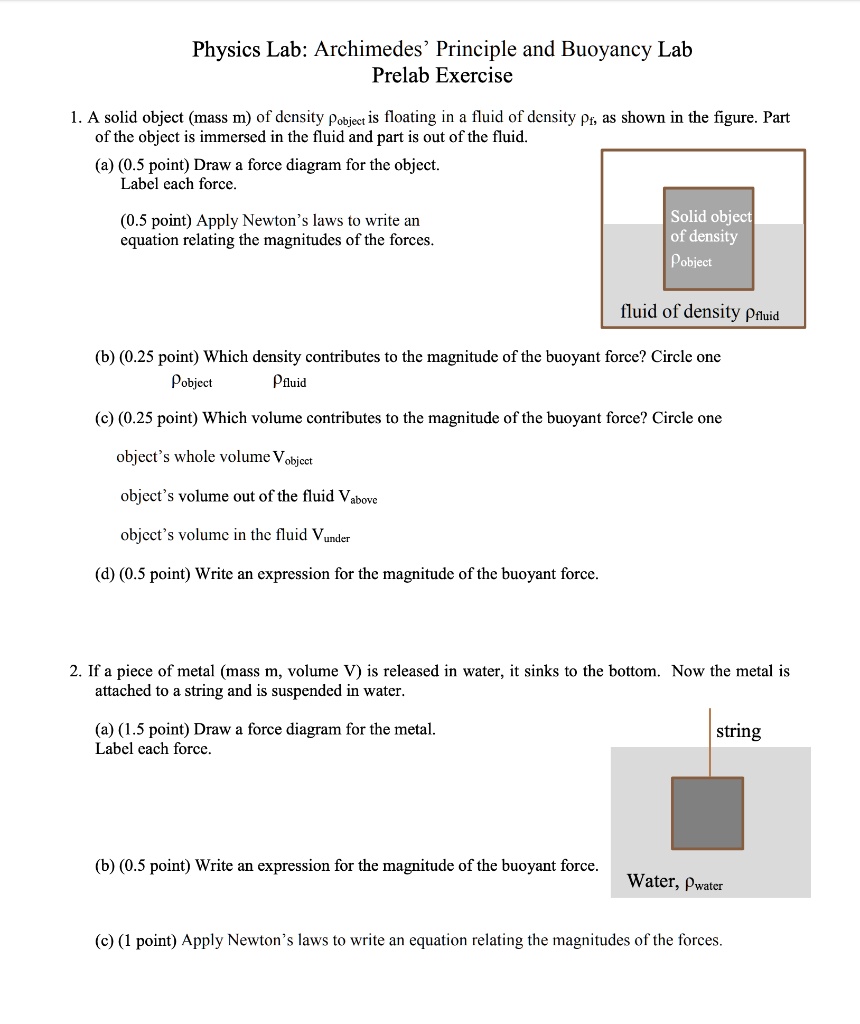 SOLVED: Physics Lab: Archimedes' Principle and Buoyancy Lab Prelab Exercise 1. A solid object ...