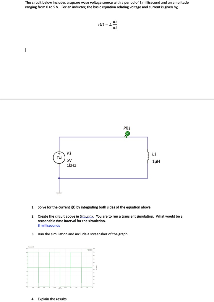 The circuit below includes a square wave voltage source with a period of 1 millisecond and an ...