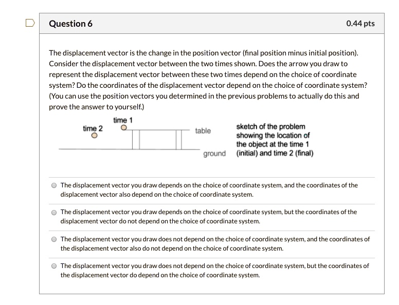 question 6 044 pts the displacement vector is the change in the ...