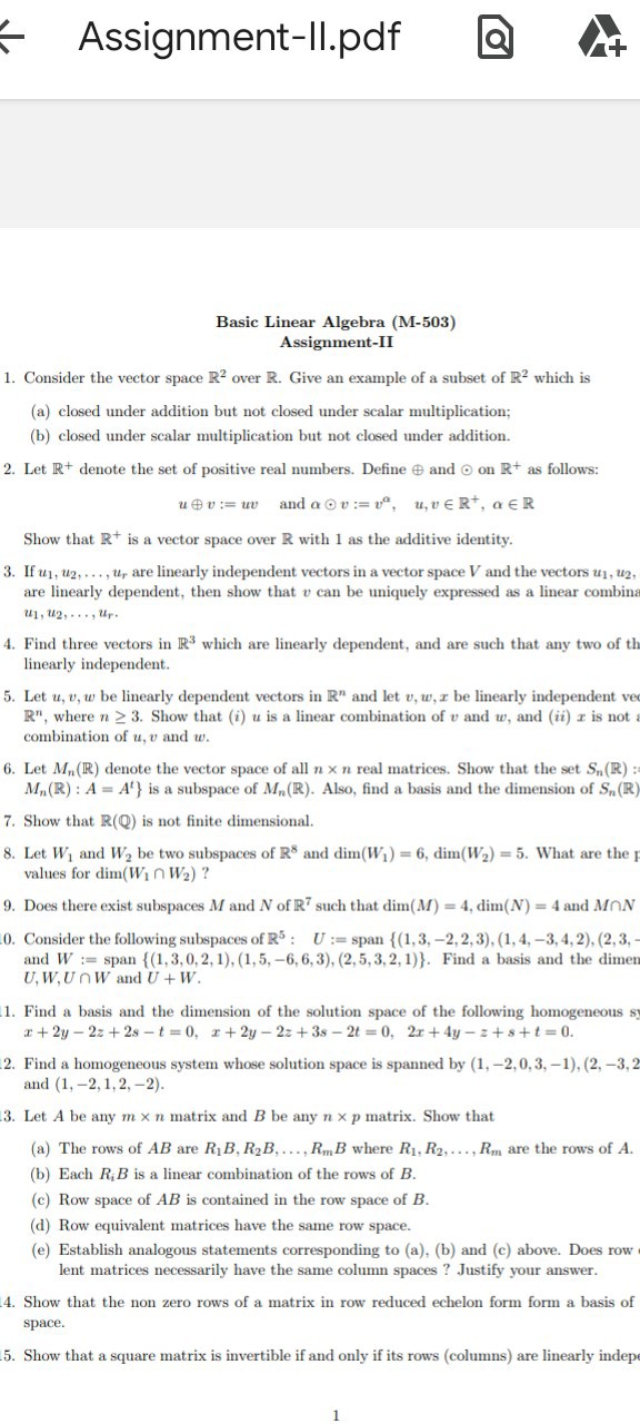SOLVED: Assignment-II.pdf Basic Linear Algebra (M-503) Assignment-II 1. Consider the vector ...