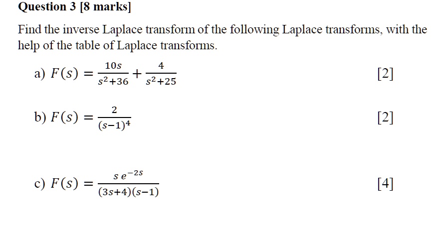 SOLVED: Question 3 [8 marks] Find the inverse Laplace transform of the following Laplace ...