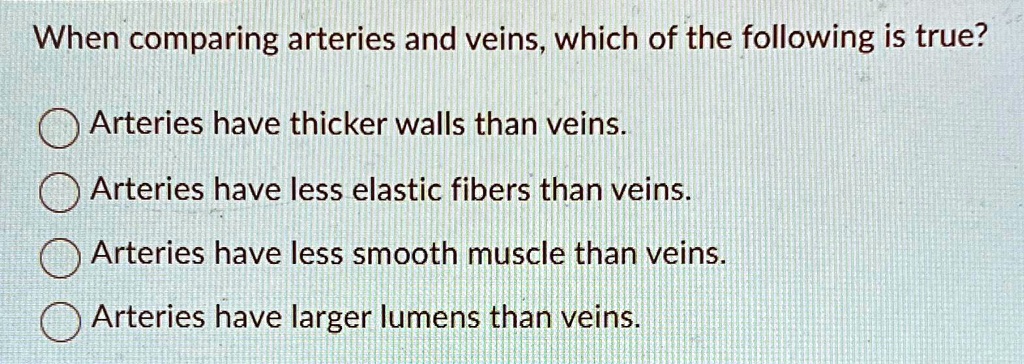 When comparing arteries and veins, which of the following is true ...