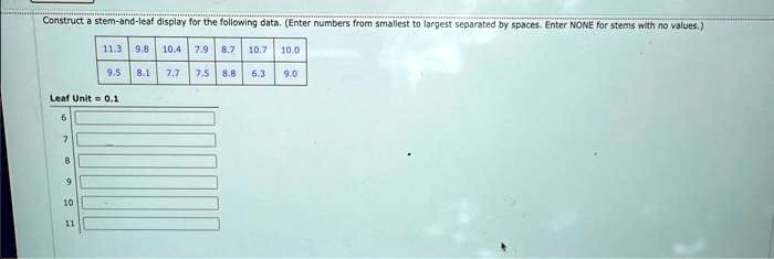 SOLVED: Construct a stem-and-leaf display for the following data. (Enter numbers from smallest ...