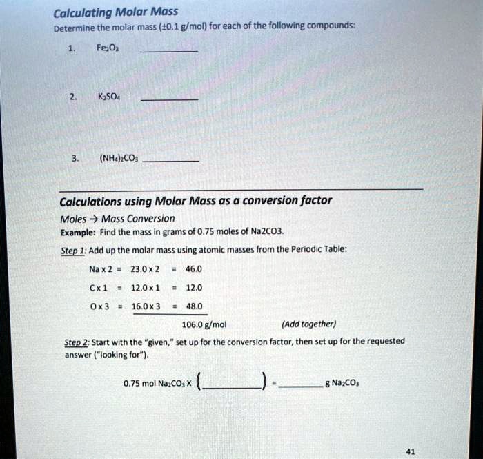calculating molar mass determine the molar mass 01 glmol for each of the following compounds ...