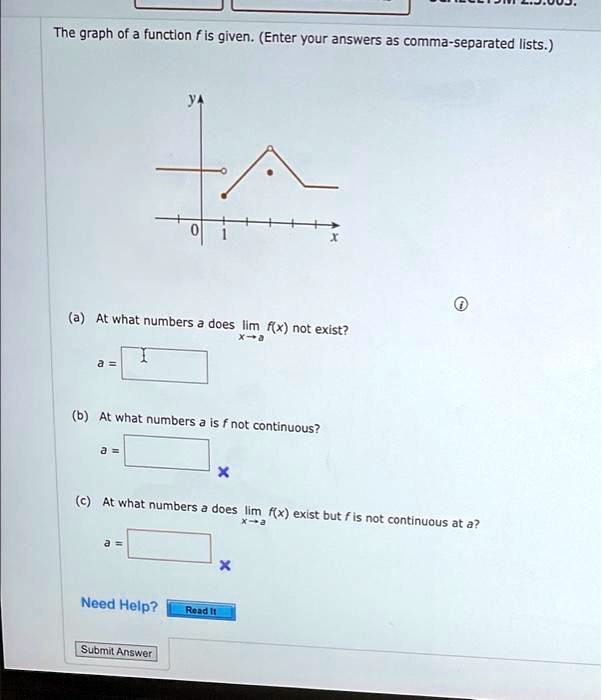 The graph of a function f is given. (Enter your answers as comma-separated lists.) 0 x (a) At ...