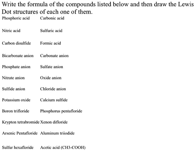 SOLVED: Write the formula of the compounds listed below and then draw ...