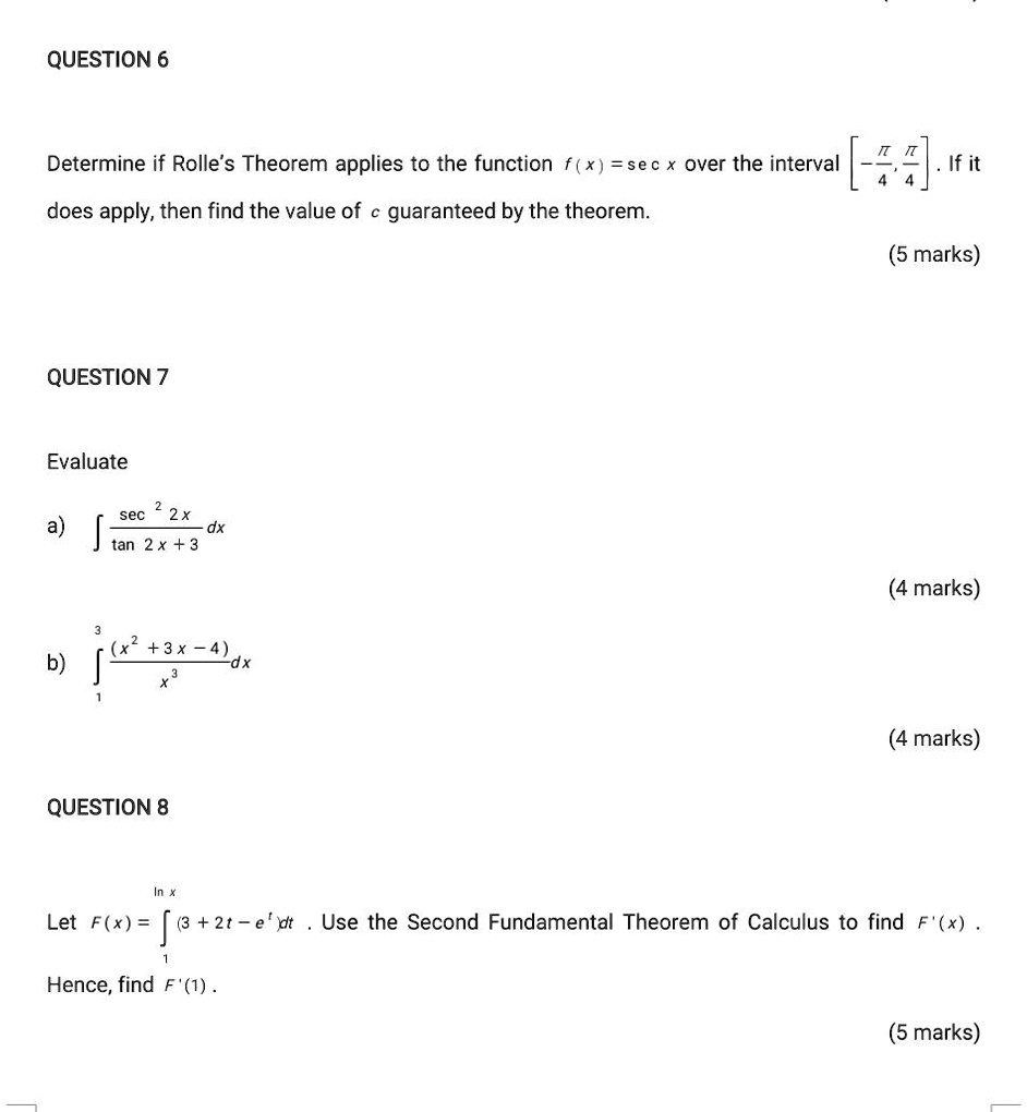 SOLVED:QUESTION 6 Determine if Rolle's Theorem applies to the function ...