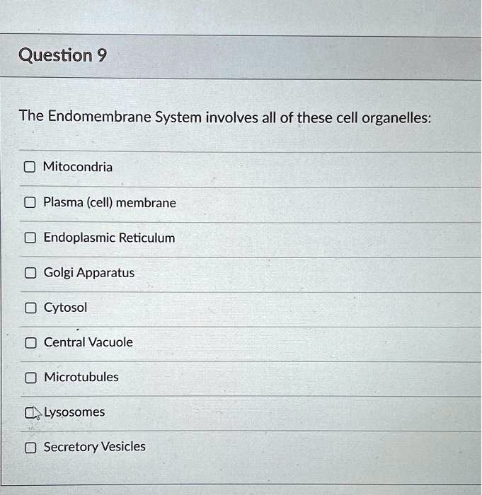 SOLVED: Question 9 The Endomembrane System involves all of these cell ...
